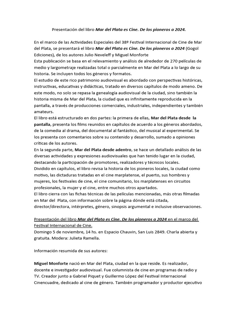 Presentación Del Libro Mar Del Plata Es Cine, de Julio Neveleff y Miguel Monforte. | PDF ...