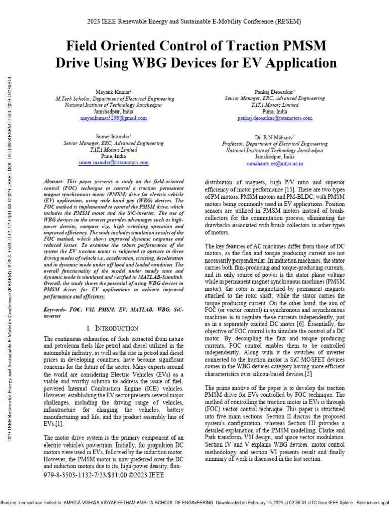 Field Oriented Control of Traction PMSM Drive Using WBG Devices For EV Application | PDF