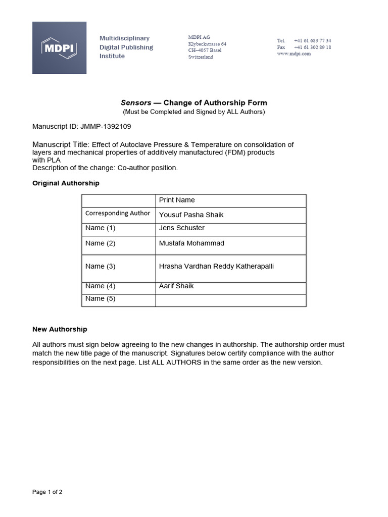 Sensors-Change of Authorship Form | PDF | Physical Sciences