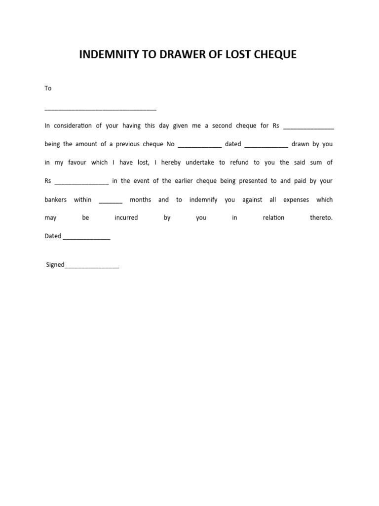 Indemnity for Lost Cheque Replacement | PDF