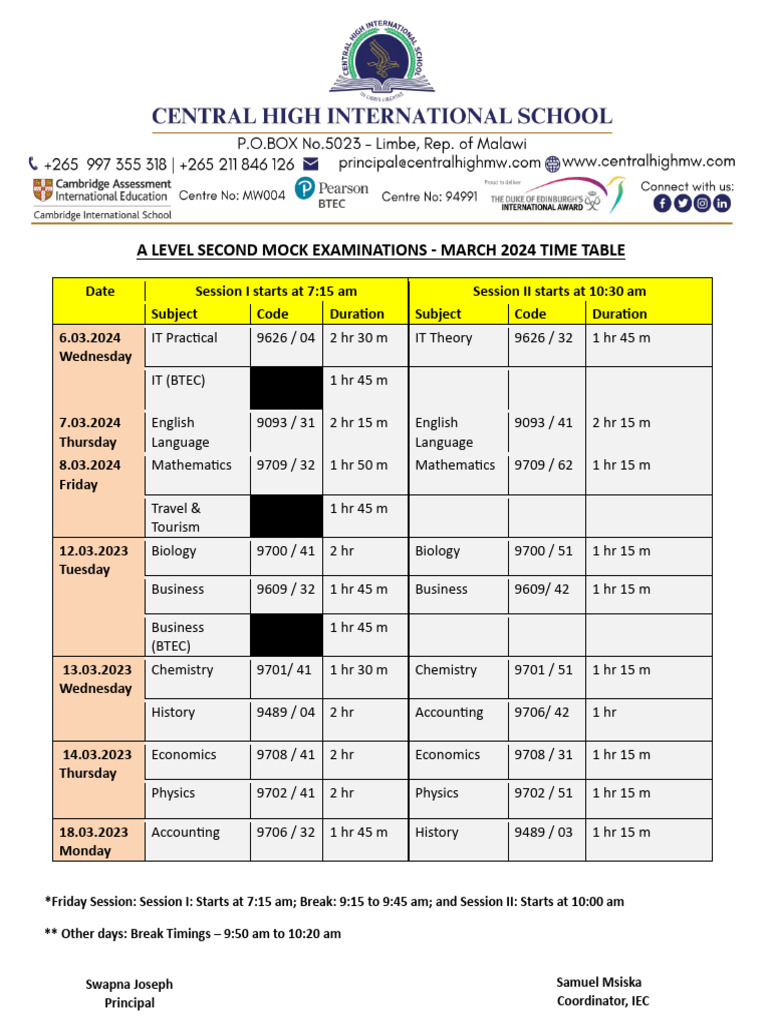 A Level Mock Exam Timetable March 2024 | PDF | Science & Mathematics