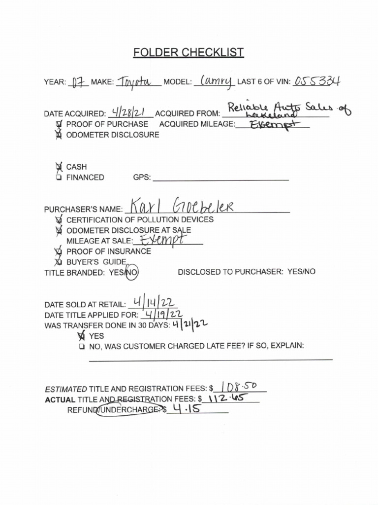 Toyota Camry Title and Insurance Details | PDF