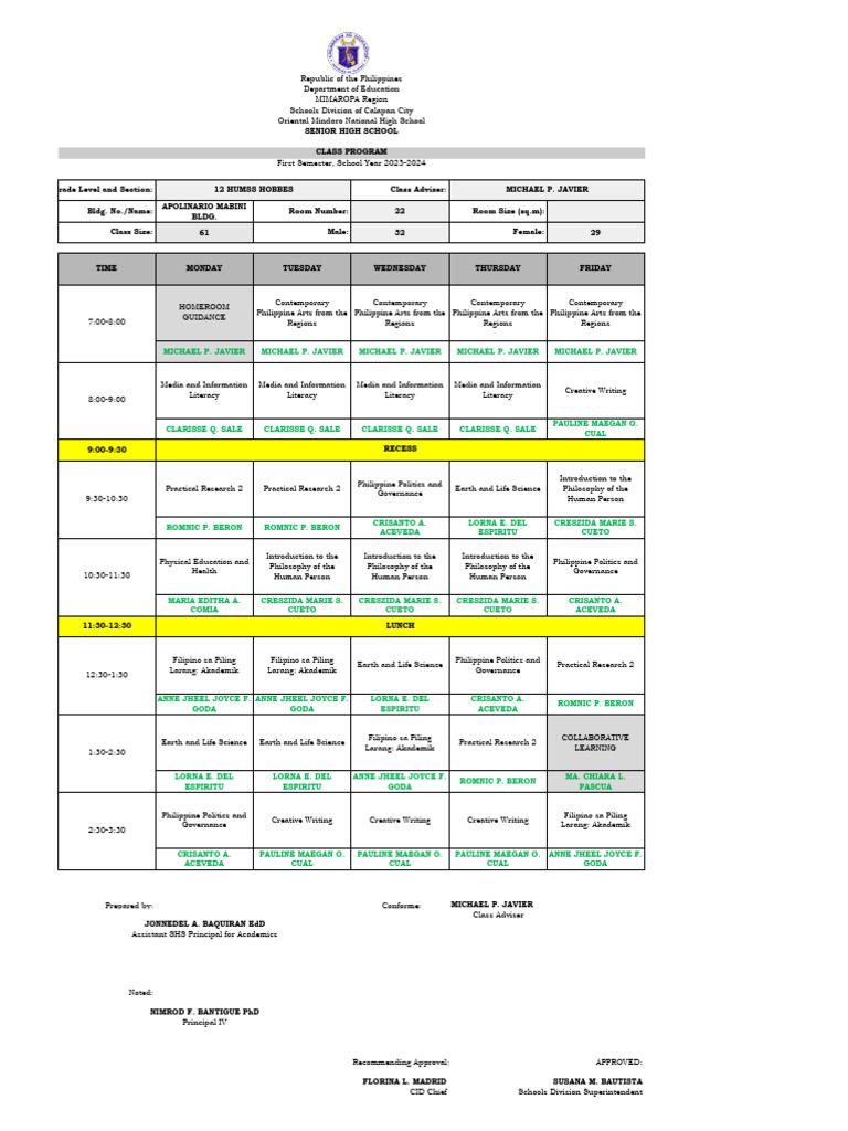 G12 Humss Class Program | PDF
