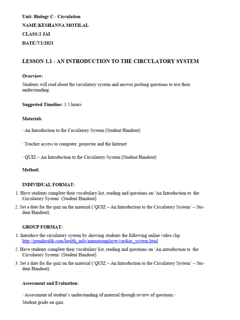 Biology C - Lesson 1 - Circulatory System | PDF | Atrium (Heart) | Heart