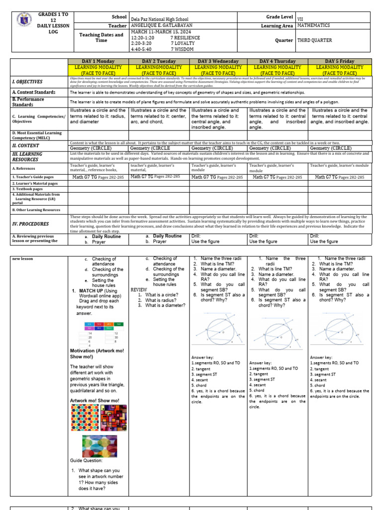Q3 LESSON G7 DL W6 March 11 15 | PDF | Circle | Angle