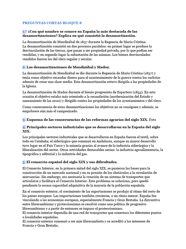 Preguntas Cortas Bloque 8 | PDF | Anarquismo | España