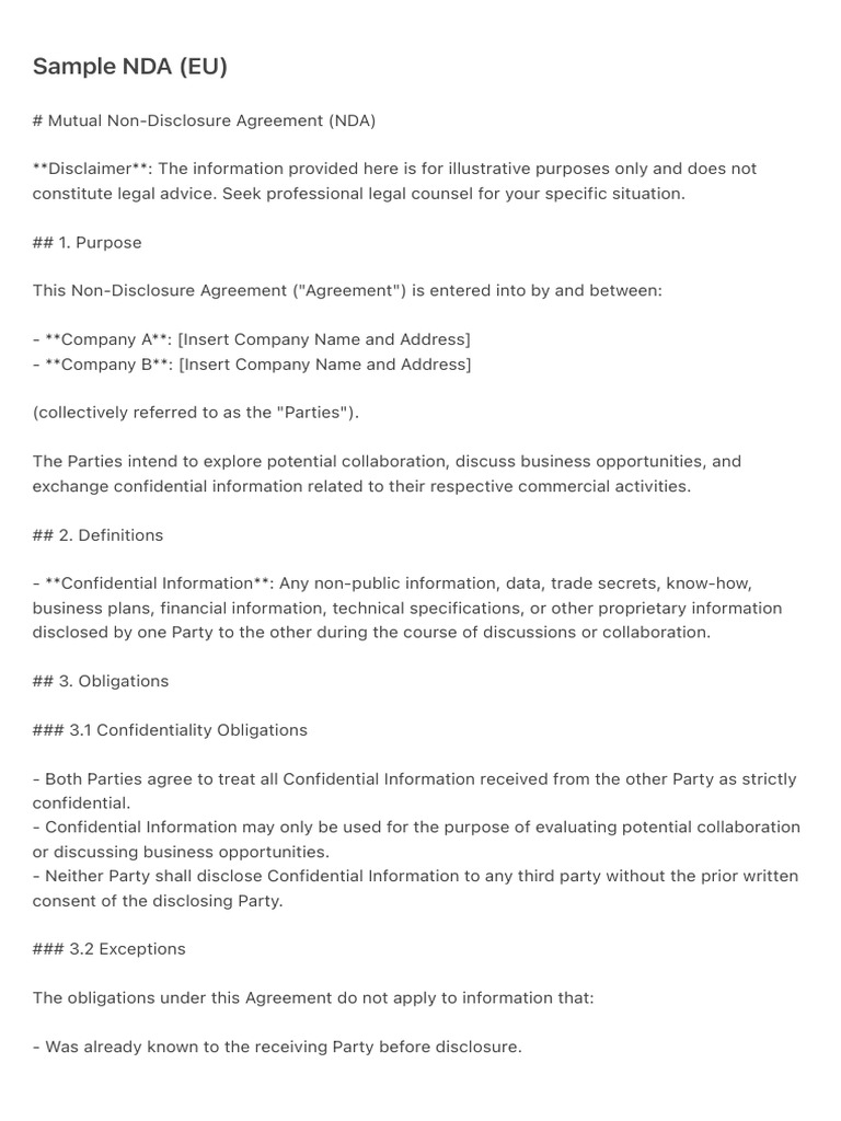 Sample NDA (EU) | PDF | Non Disclosure Agreement | Confidentiality