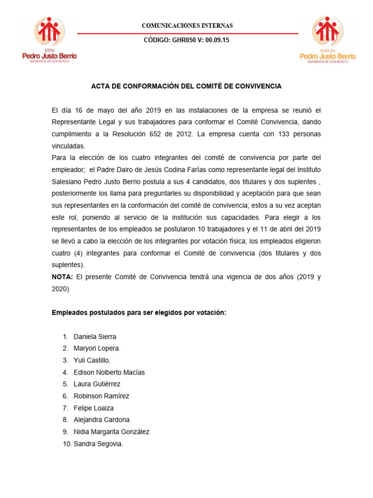 Acta de Conformación Comité de Convivencia 2019 | PDF