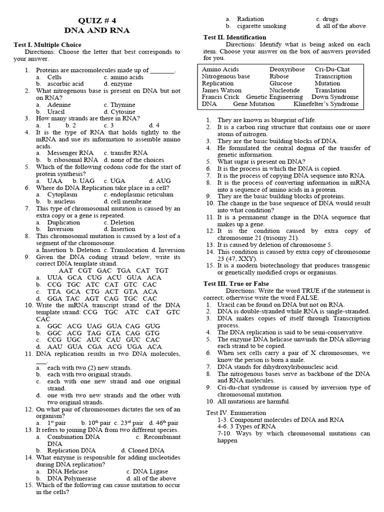 Quiz - No. - 6 Dna Rna Mutations | PDF | Dna | Rna