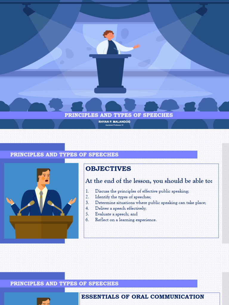 Principles and Types of Speeches | PDF | Public Speaking | Communication