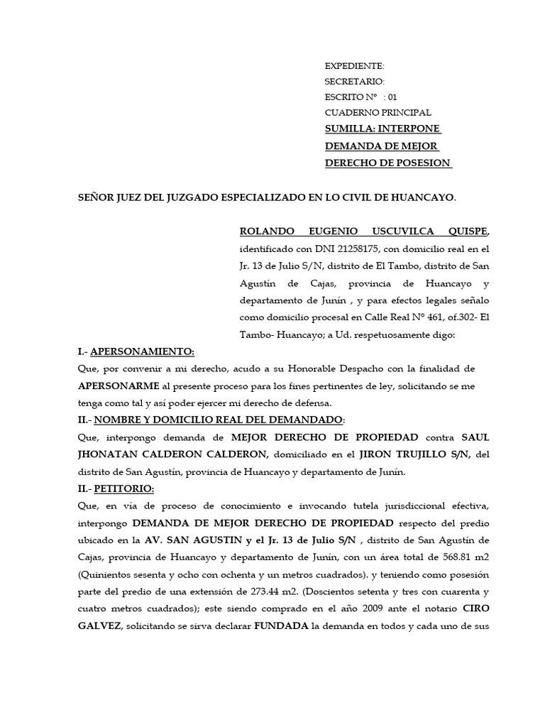 Modelo de Demanda Mejor Derecho de Propiedad | PDF Modelo de Demanda Mejor Derecho de Propiedad | PDF