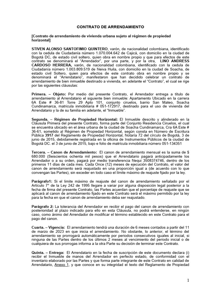 Contrado Arriendo Torre 29 Apto 101 10-03-2023 | PDF | Derecho civil (sistema legal) | Derecho ...