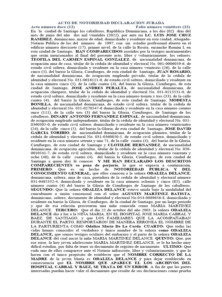 Acto de Notoriedad Declaracion Jurada Maria y Odaliza | PDF | República ...