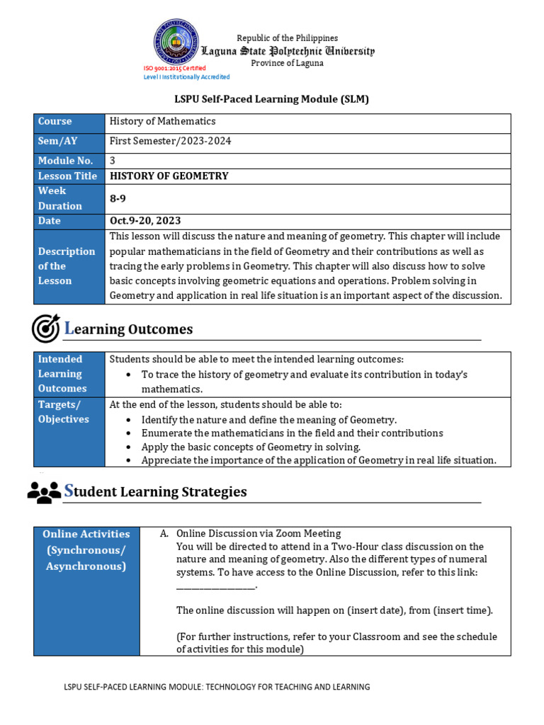 History of Geometry Learning Module | PDF | Line (Geometry) | Geometry