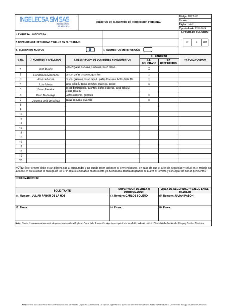 Formato Solicitud de Elementos de Protección Personal | PDF