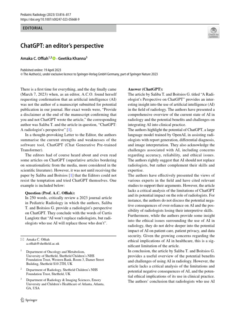 Chatgpt: An Editor'S Perspective: Amaka C. Offiah Geetika Khanna | PDF ...
