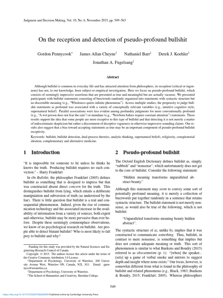On The Reception and Detection of Pseudo Profound Bullshit | PDF ...