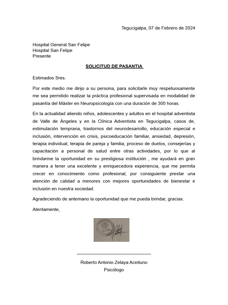 Solicitud de Practica - Carta de Presentacion - Hospital San Felipe | PDF