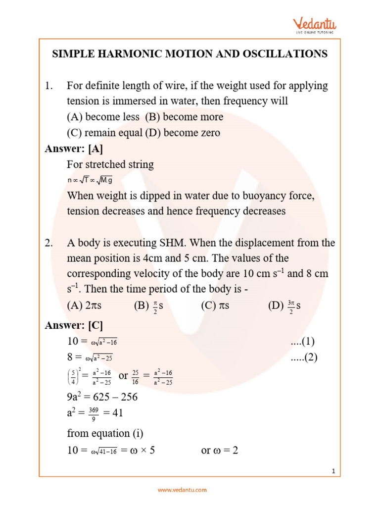 NEET SHM and Oscillations Important Questions | PDF | Oscillation ...