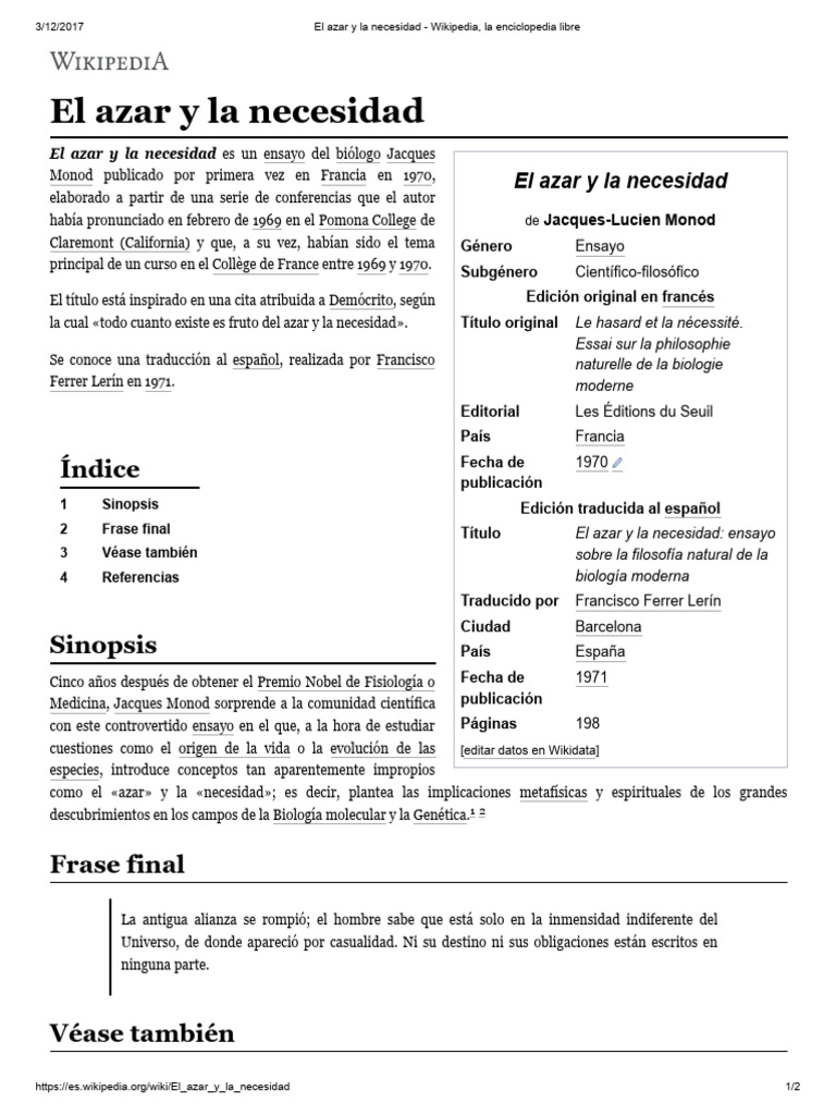 El Azar y La Necesidad - Wikipedia, La Enciclopedia Libre | PDF | Wikipedia