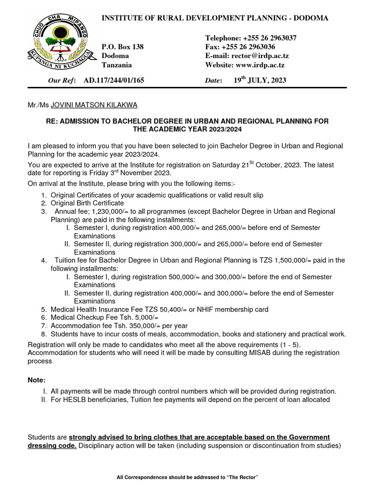 Admission Letter Jovini Kilakwa | PDF | Health Care | Public Services