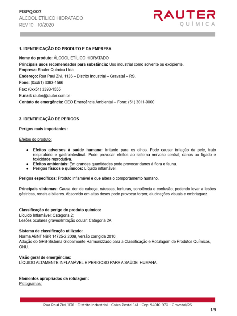 Alcool Etilico Hidratado Fispq 007 Rev 10 | Download grátis PDF ...