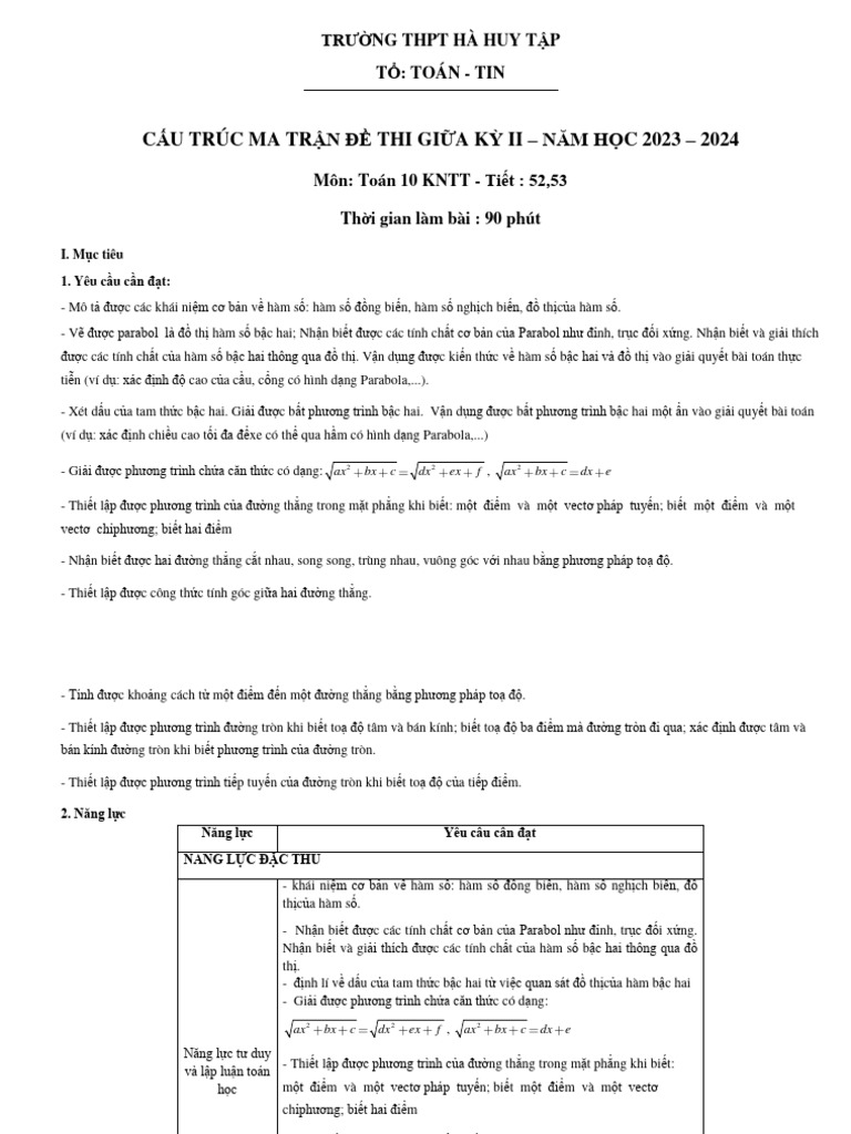 MA TRẬN CẤU TRÚC ĐỀ MINH HỌA GK2 TOÁN 10 2024 | PDF