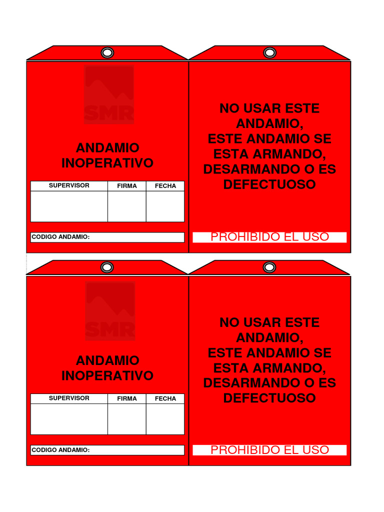 01.- Tarjeta de Inspeccion de Andamio ( COLOR ROJO) | PDF