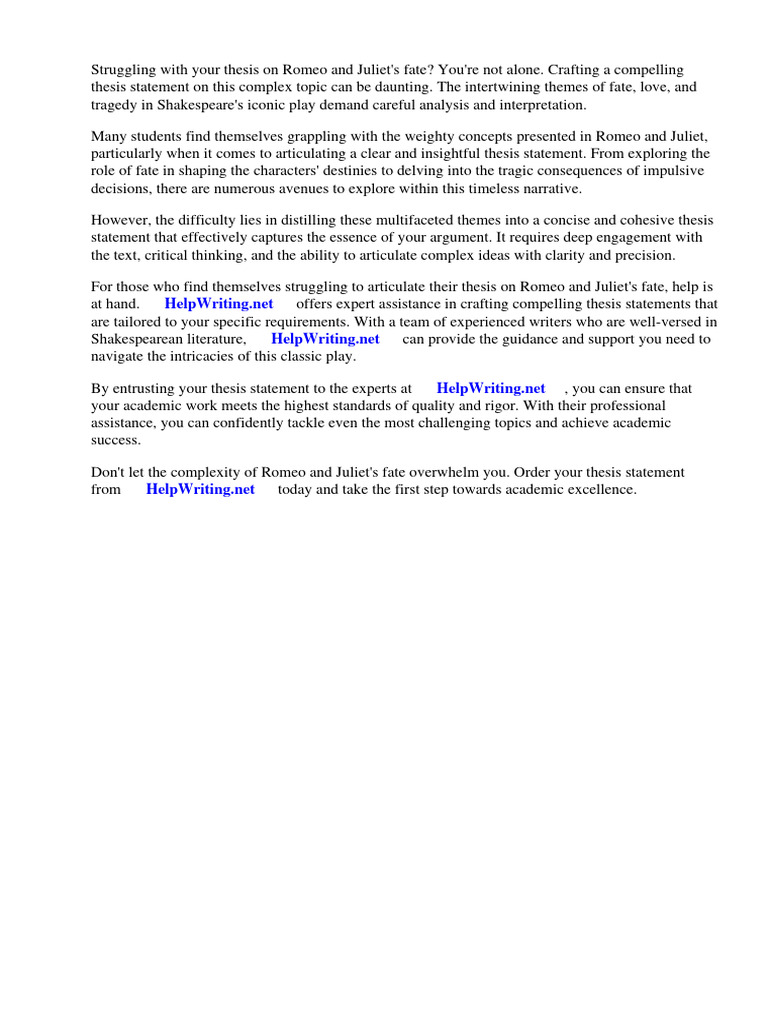 Romeo and Juliet Fate Thesis Statement | PDF | Romeo And Juliet | Characters In Romeo And Juliet