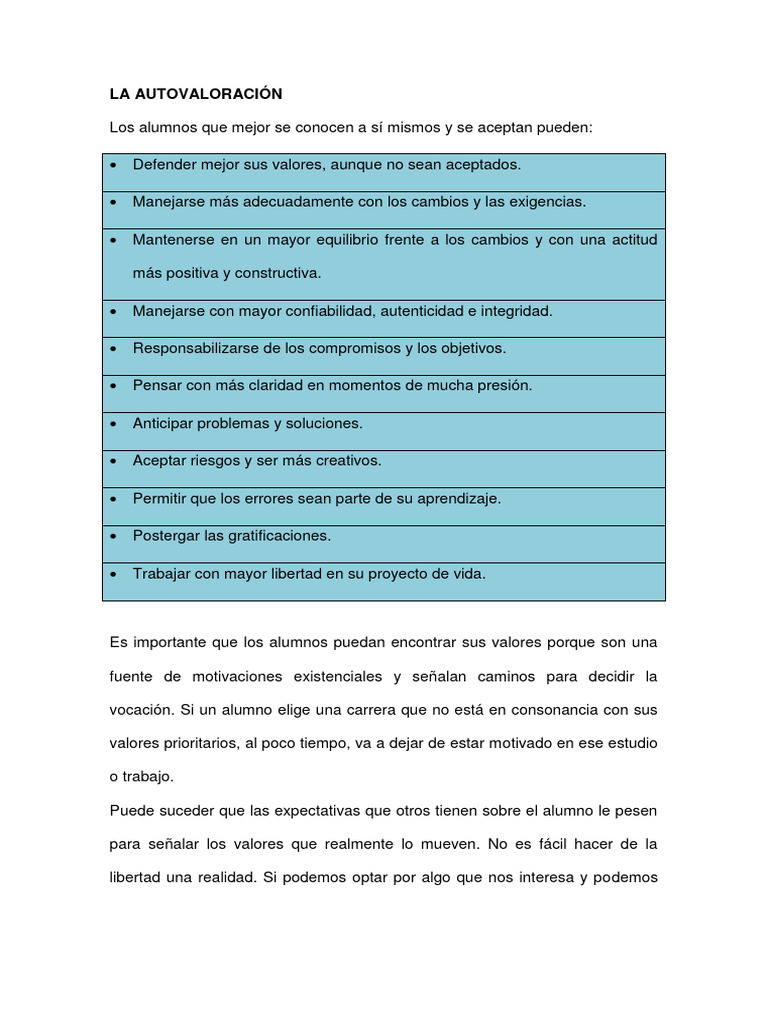 Anexo 1 LA AUTOVALORACIÓN | PDF | Autoestima | Aprendizaje