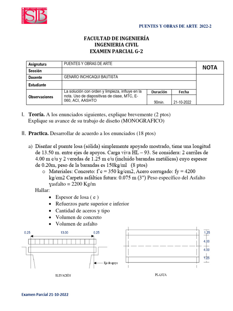 Sol Examen Parcial Puentes y Obras de Arte G-2 2022 21-10-2022 | PDF ...