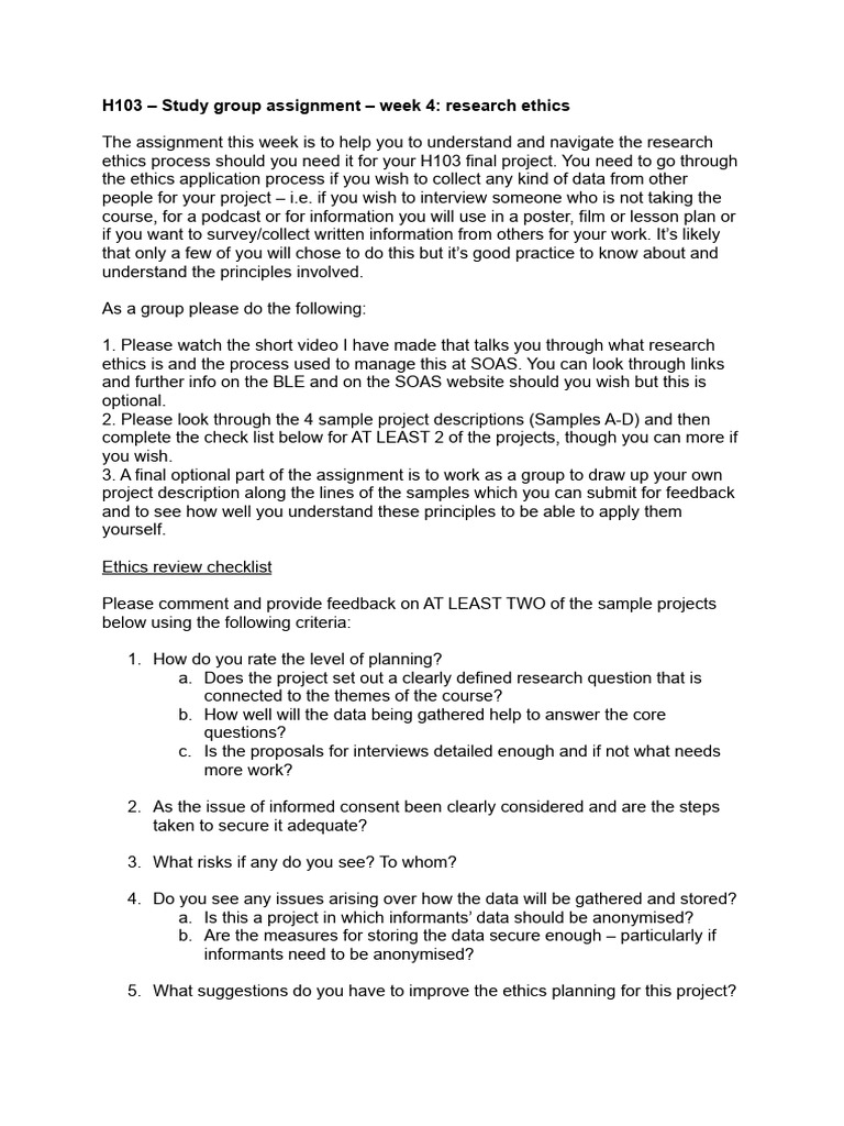 Study Group Week 4 - Research Ethics Task | PDF | Disability | Human Communication