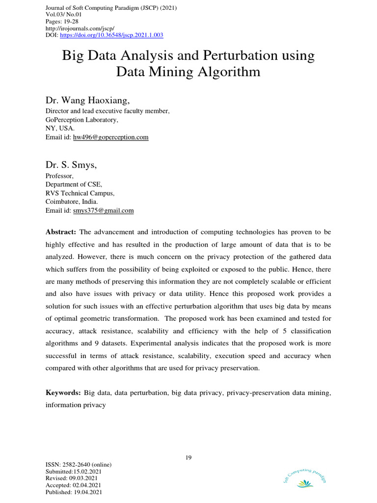 Big Data Analysis And Perturbation Using Data Mining Algorithm Pdf Privacy Information