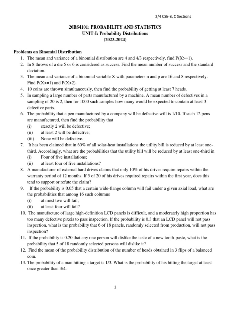 P&S Unit-I 2023-24 | PDF | Variance | Probability Distribution
