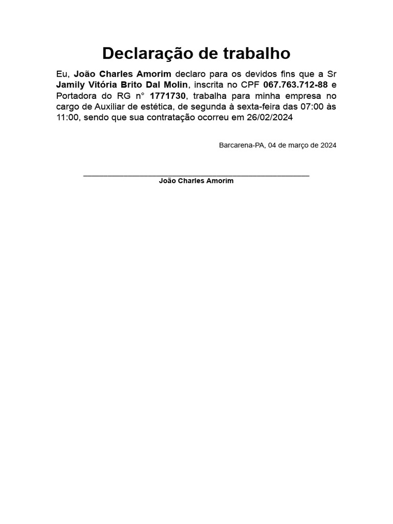 Declaração de Trabalho | PDF