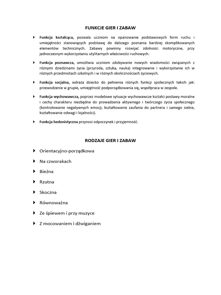 Krótkie Wprowadzenie Teoretyczne Funkcje, Rodzaje Oraz Organizacja Gier ...