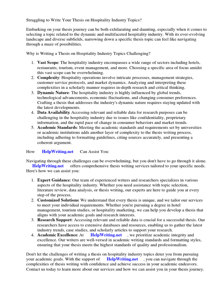 Thesis Topic Related To Hospitality Industry | Download Free PDF ...