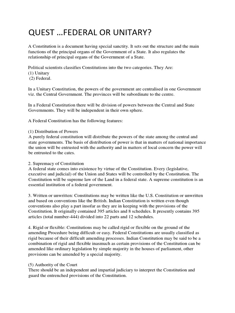Federal vs. Unitary Constitutions Explained | PDF | Constitution ...