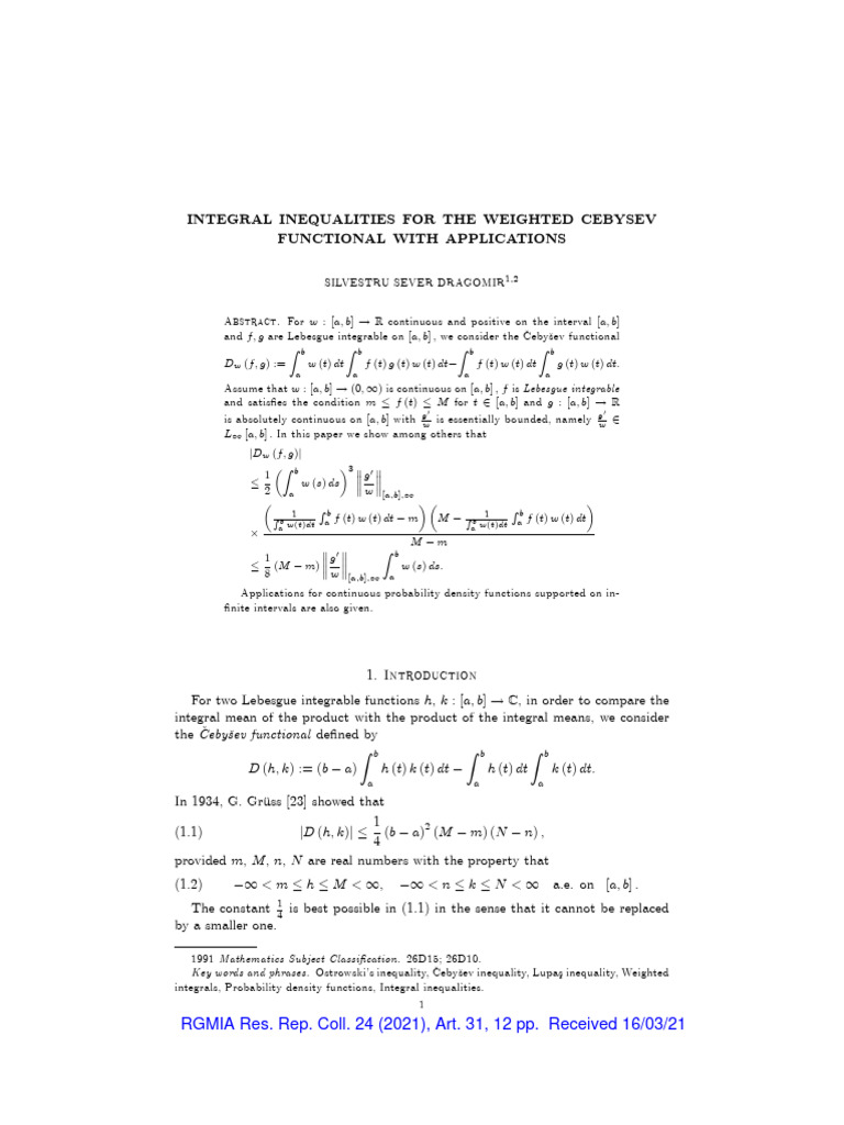 Integral Inequalities For The Weighted Cebysev | PDF | Analysis ...