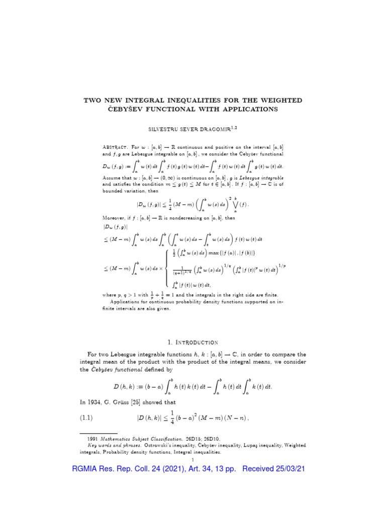 Two New Integral Inequalities For The Weighted Chebysev | PDF | Integral | Measure Theory