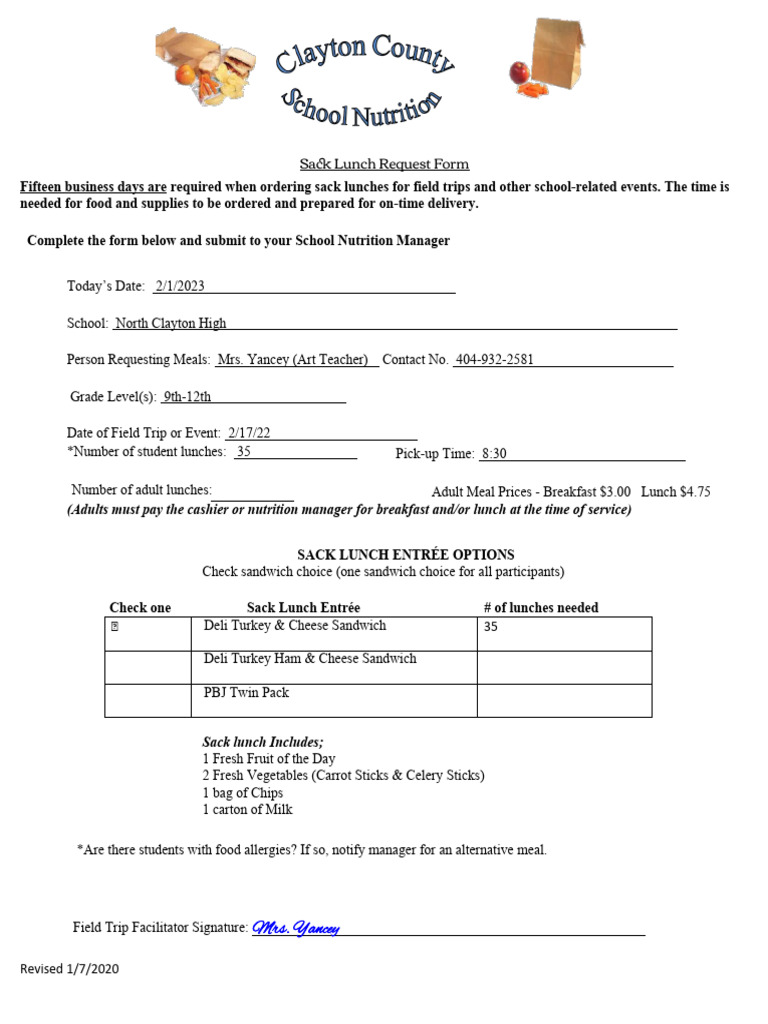 Sack Lunch Request 2 17 23 Yancey | PDF