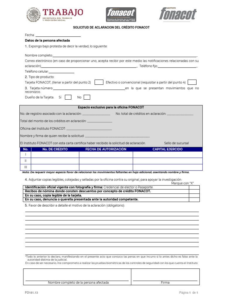 Solicitud de Aclaración de Crédito FONACOT | PDF | Derecho