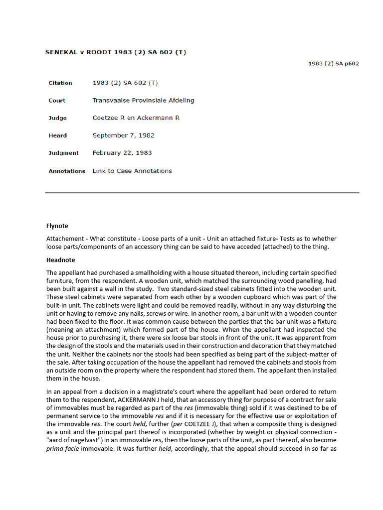 SENEKAL V ROODT 1983 (2) SA 602 (T) | PDF | Common Law | Justice