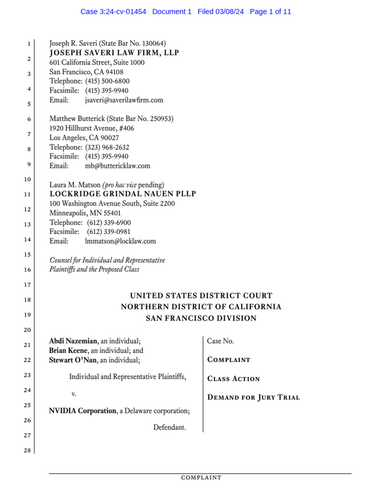Nazemian Et Al V Nvidia Corp, U.S. District Court, Northern District of ...