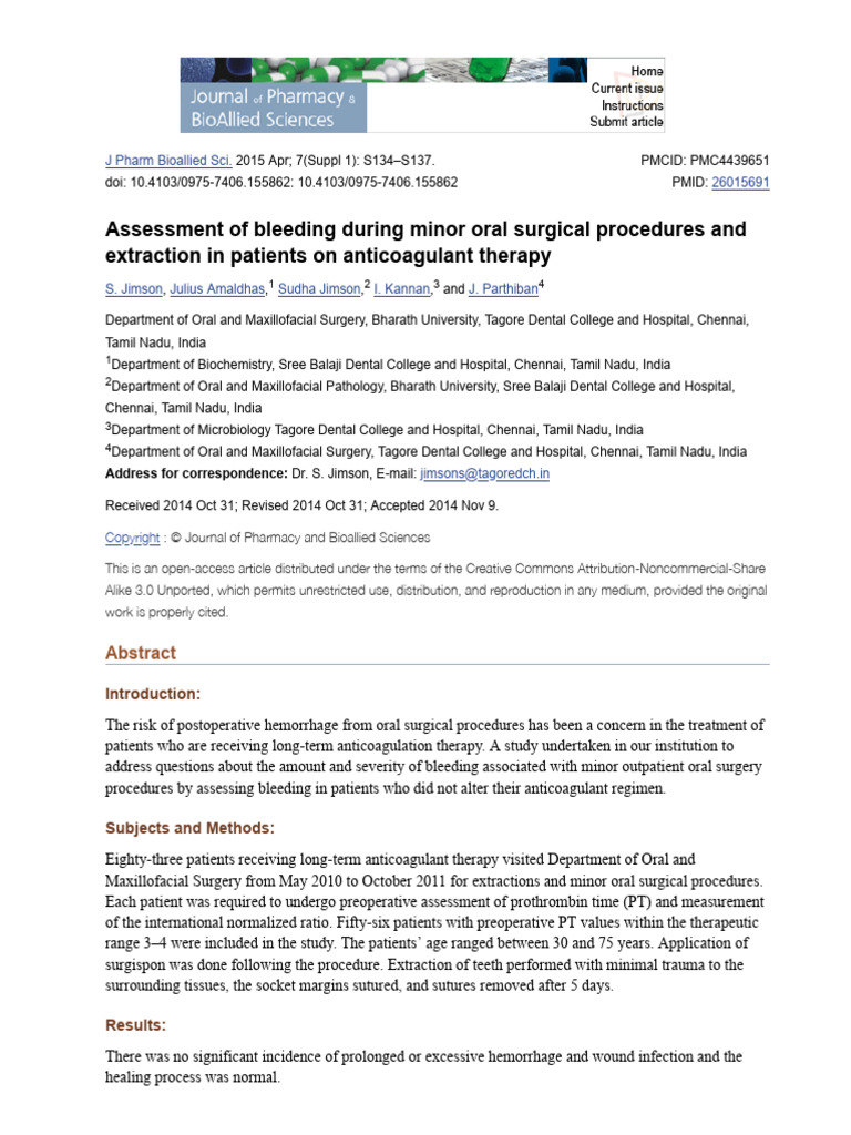 Assessment of Bleeding During Minor Oral Surgical Procedures and ...
