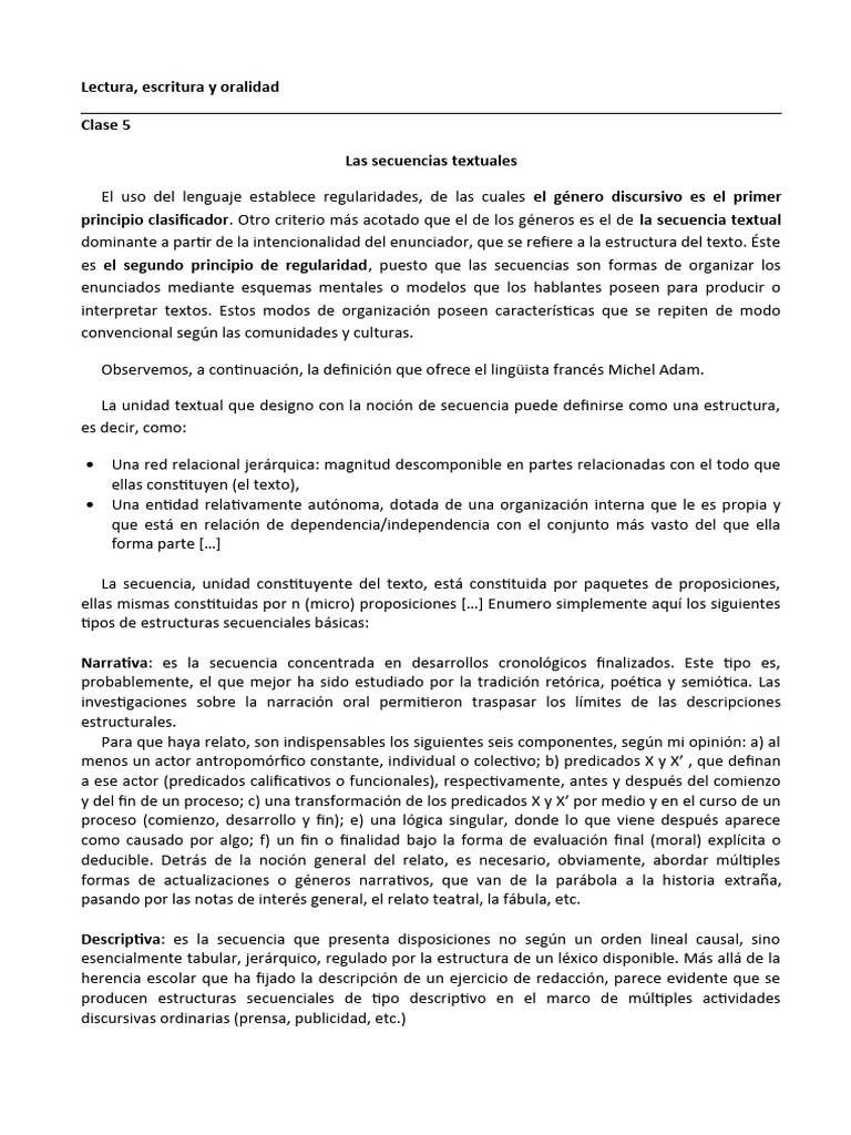 Tipos de secuencias textuales según Adam | PDF