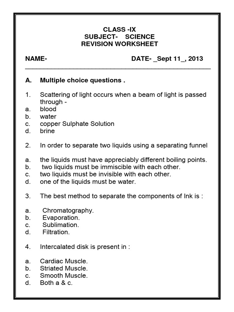 CBSE Class 9 Science Worksheet | PDF