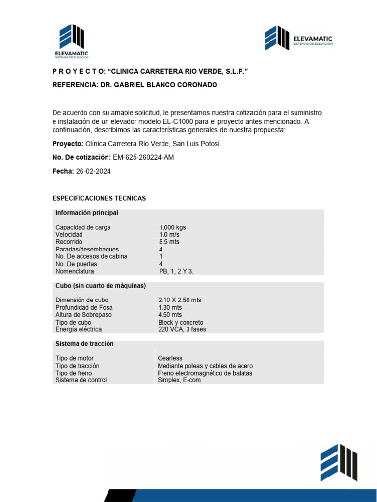 Ficha Tecnica Elevador Proyecto Clinica Carretera Rio Verde | PDF | Ascensor | Bienes manufacturados