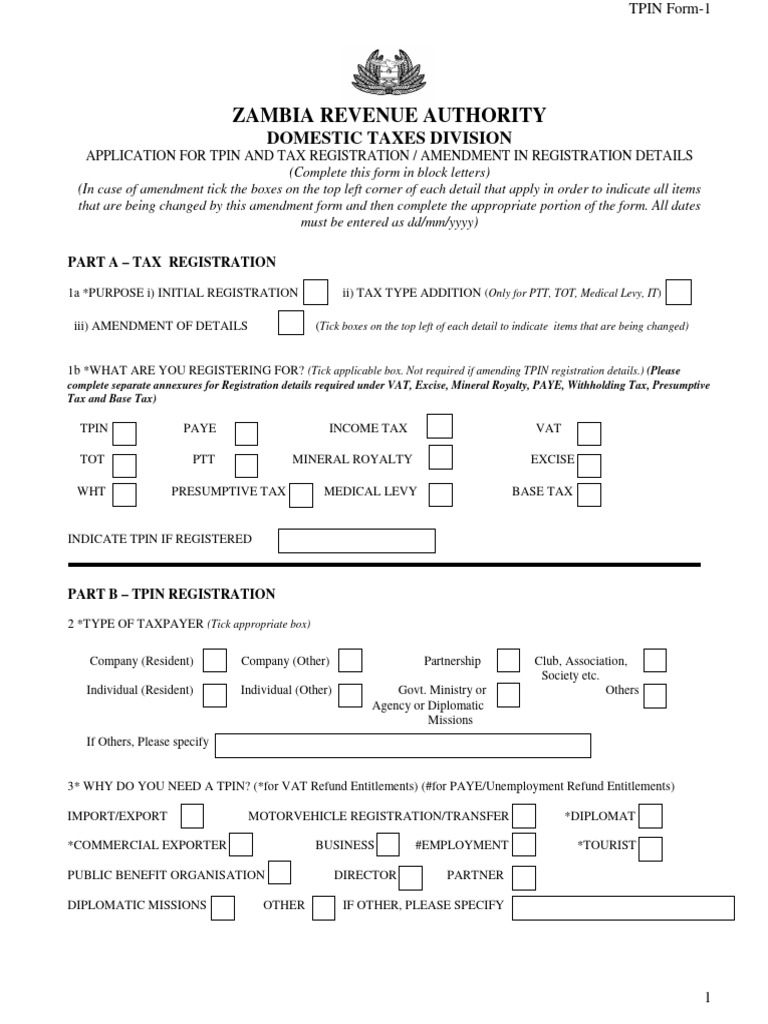 Application Form for TPIN and Tax Registration Form 1 | PDF | Taxes ...