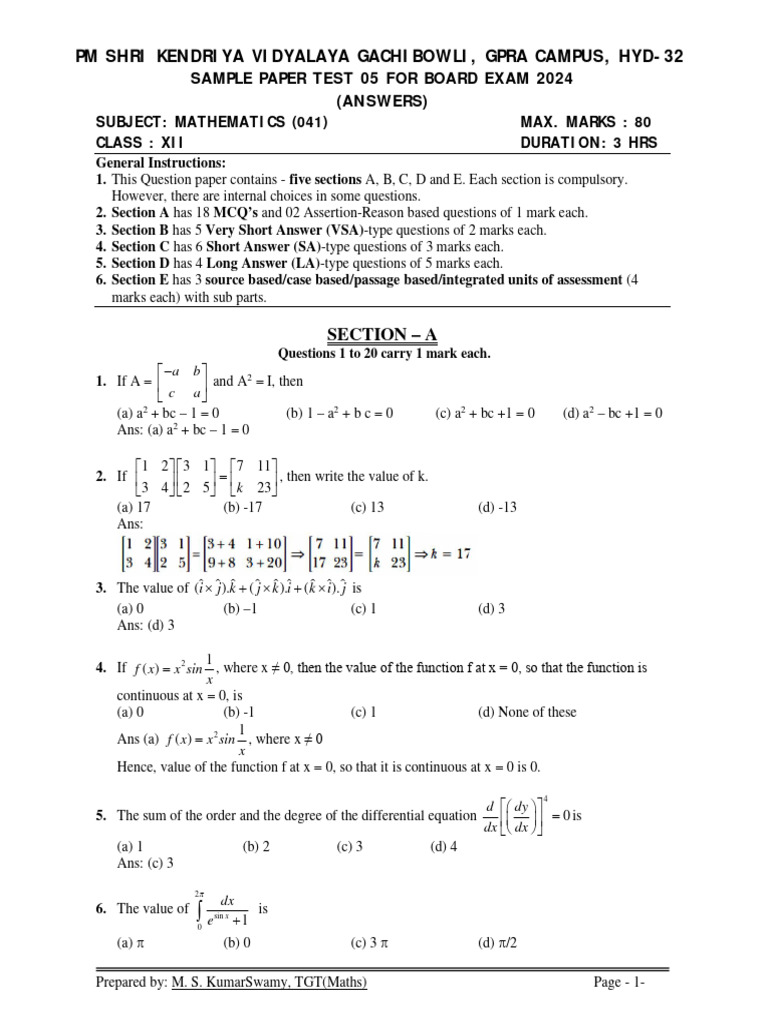 Maths Class Xii Sample Paper Test 05 For Board Exam 2024 Answers | PDF ...